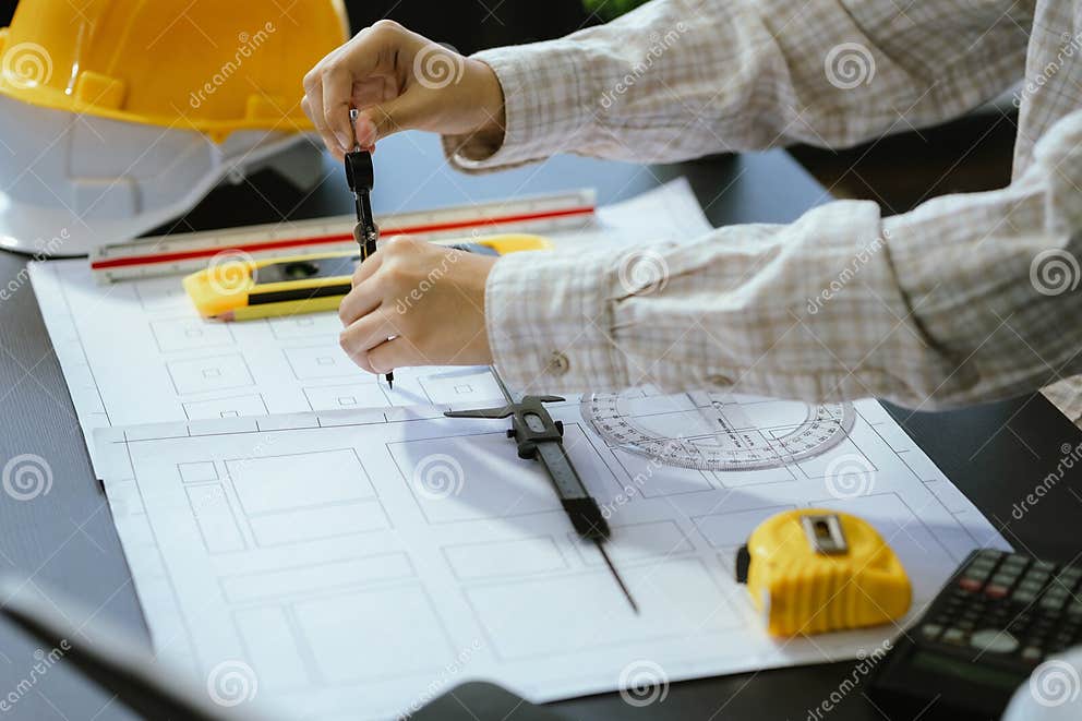 Architect Construction Engineer Plan on Hard Project at Work Stock ...