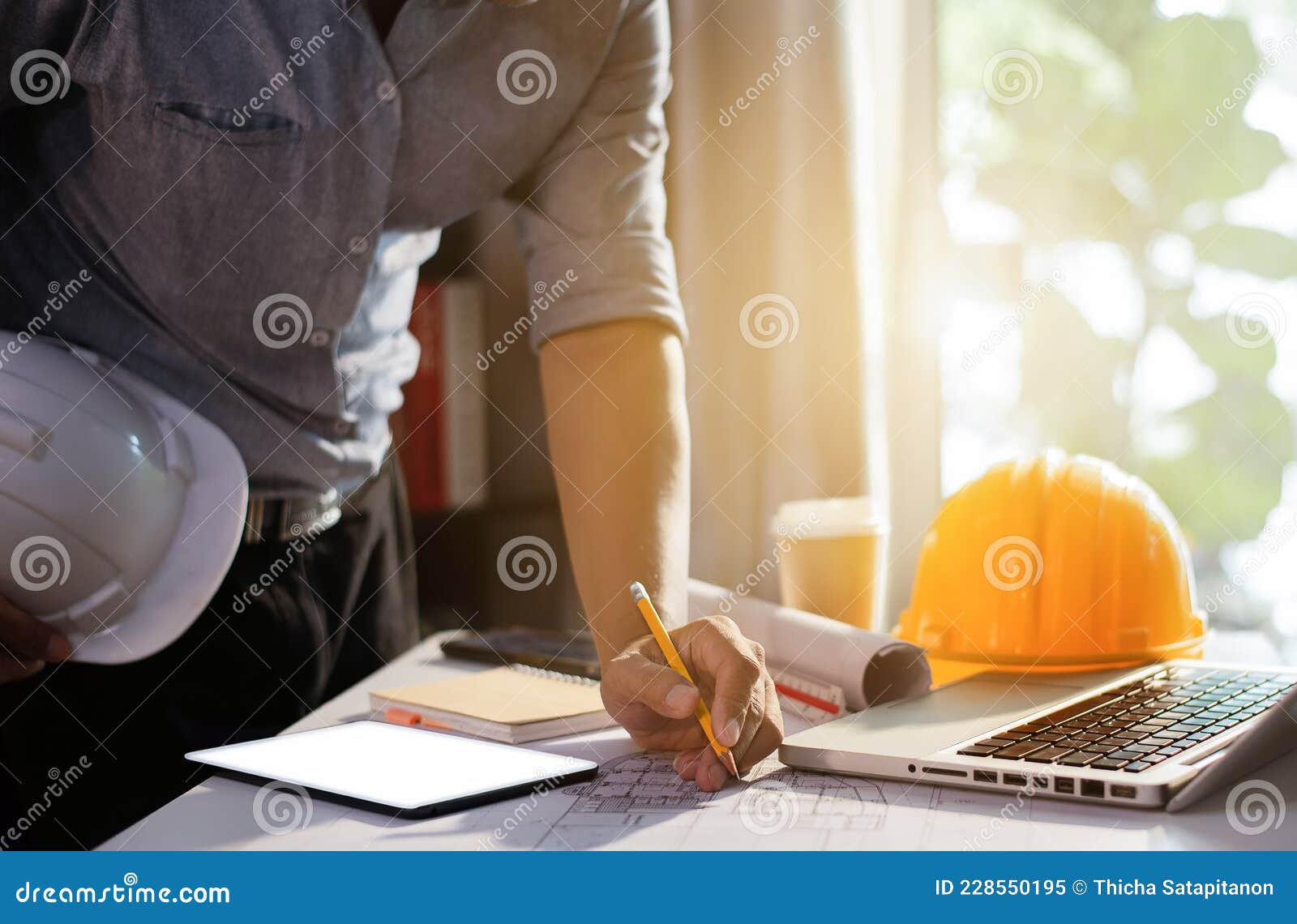 Architect Construction Engineer Plan on Hard Project at Work Stock ...