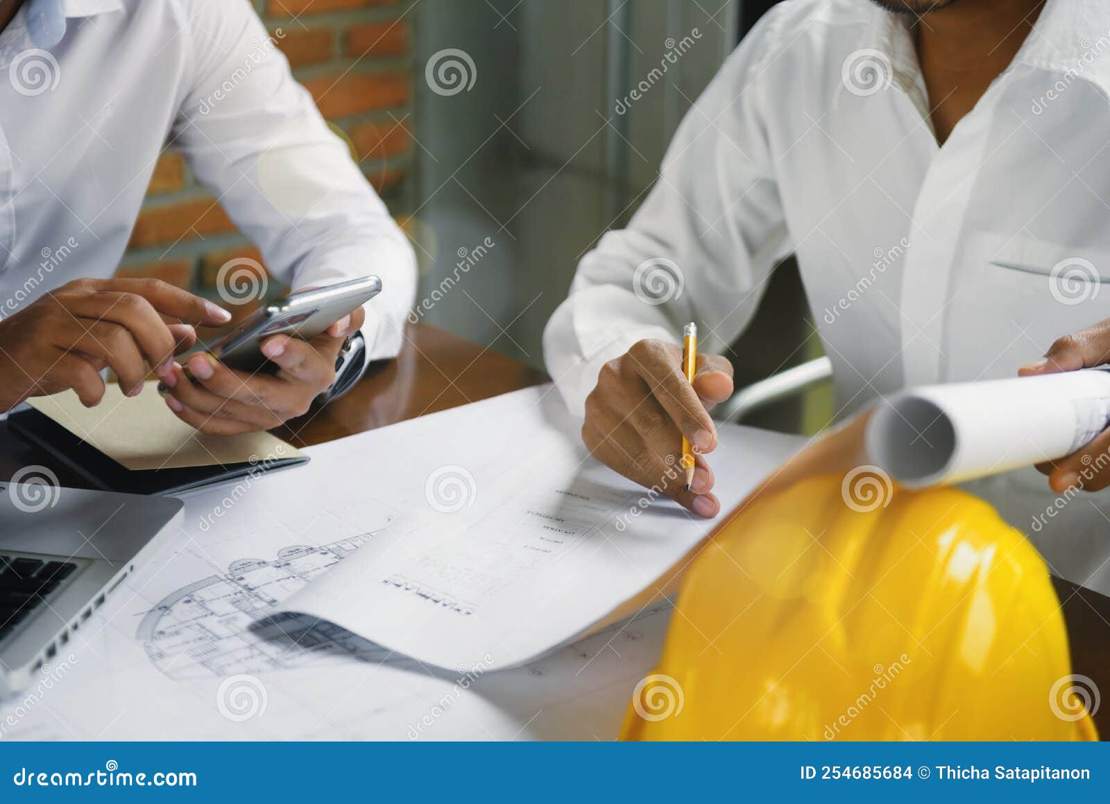Architect Construction Engineer Plan on Hard Project at Work Stock ...