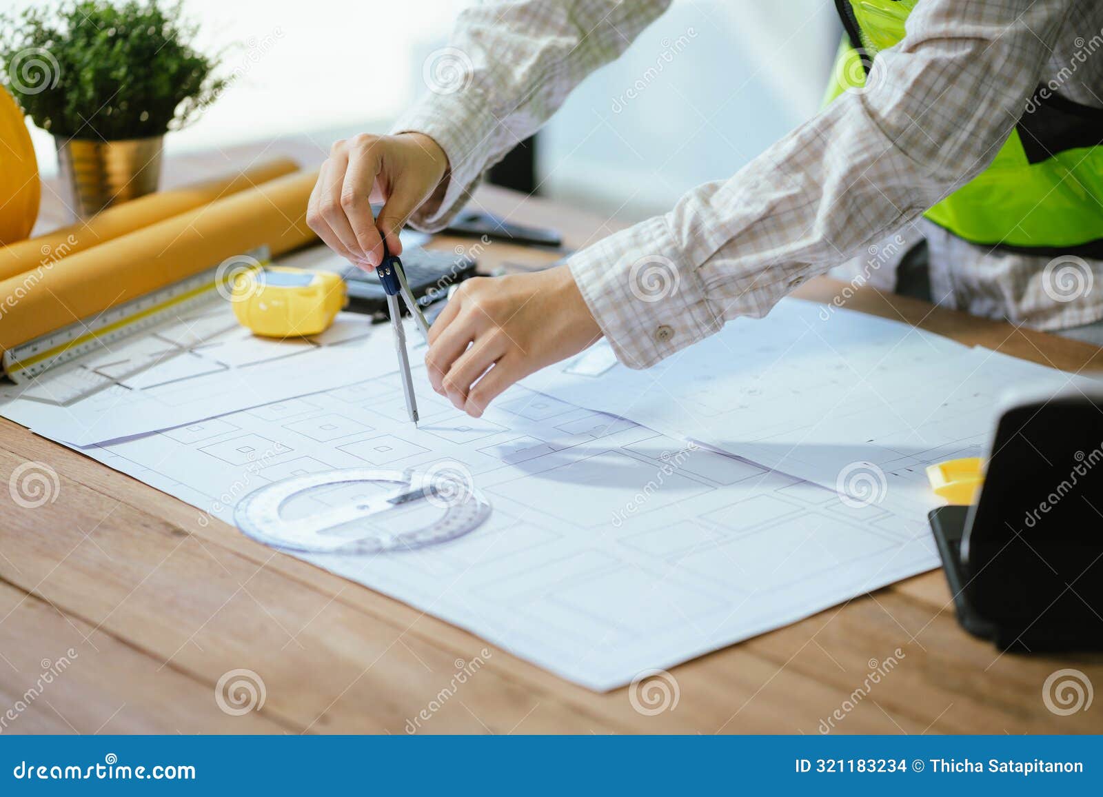 Architect Construction Engineer Plan on Hard Project at Work Stock ...