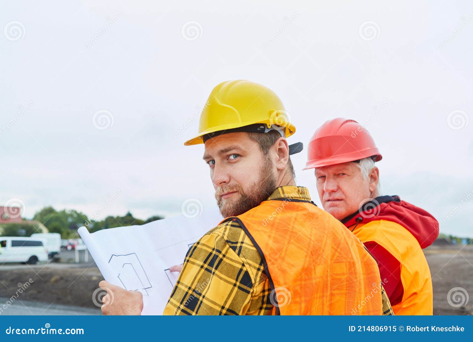 Architect and Construction Worker with Blueprint Stock Image - Image of ...
