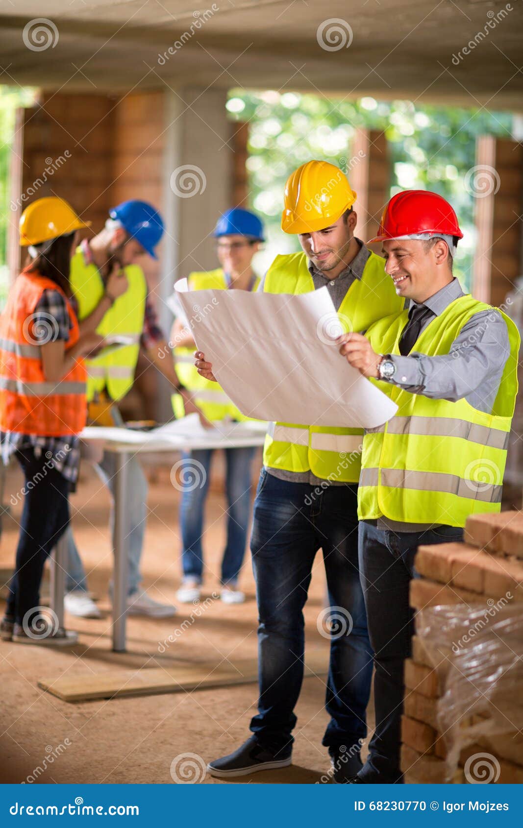 Architect and Construction Worker Look Blue Print Stock Photo - Image ...