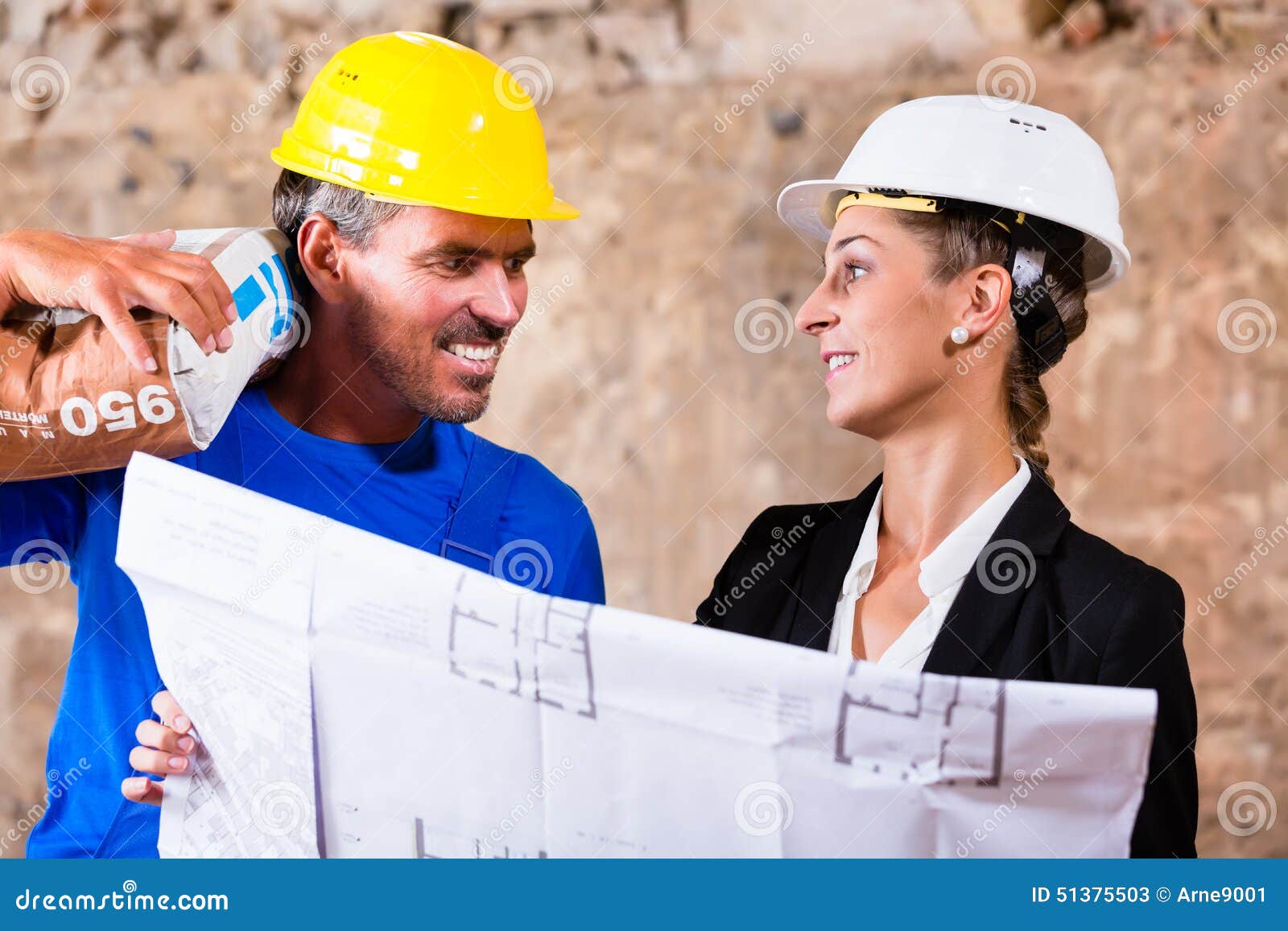 Architect and Construction Worker on Site with Plan Stock Image - Image ...