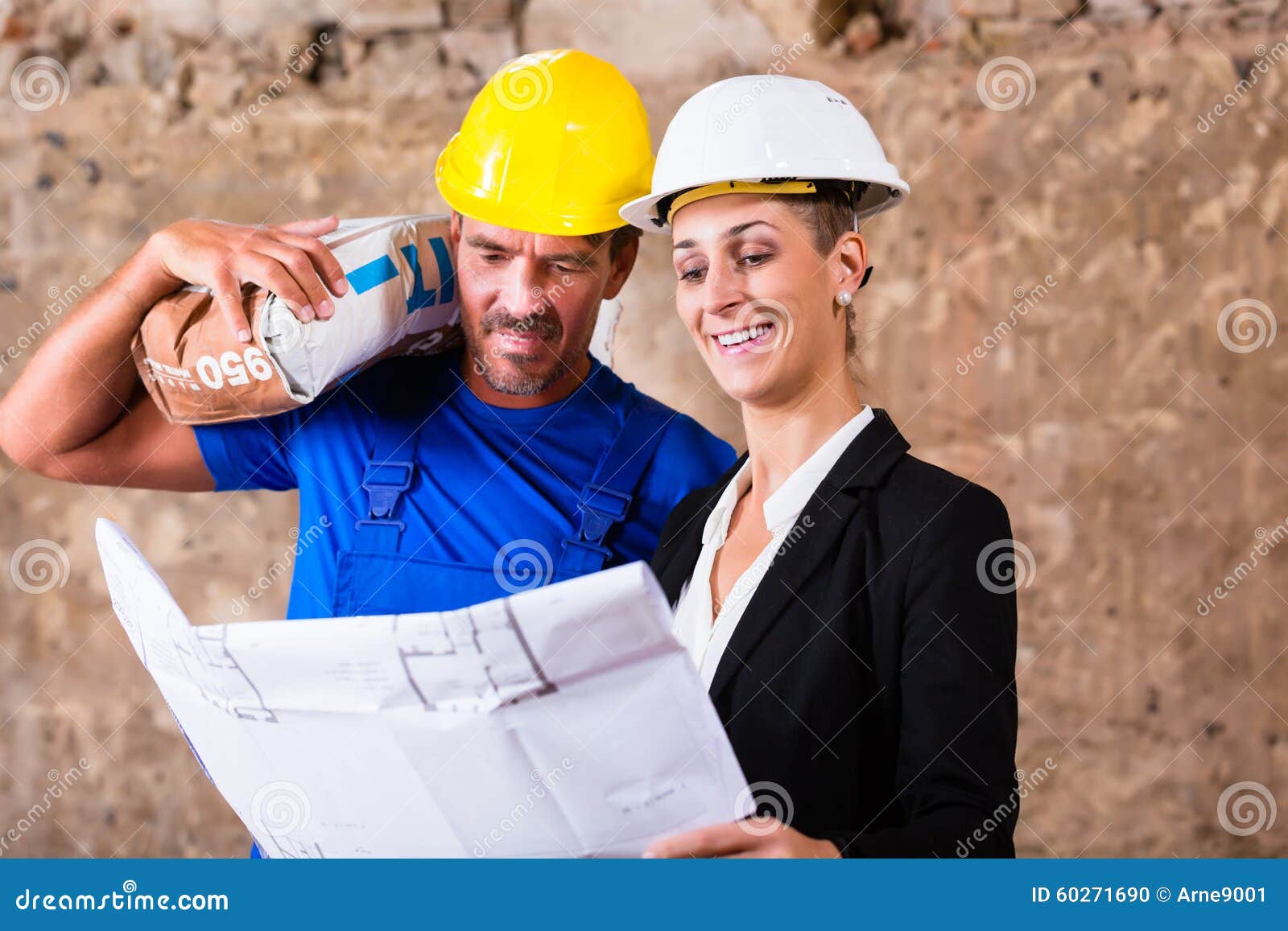 Architect and Construction Worker on Site with Plan Stock Photo - Image ...