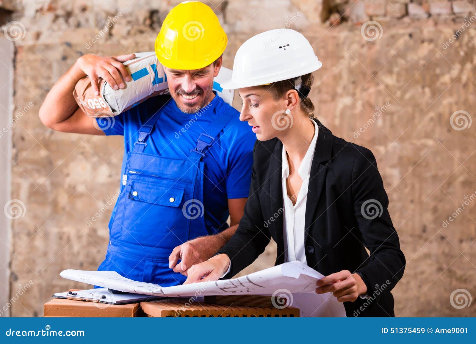 Architect and Construction Worker on Site with Plan Stock Image - Image ...