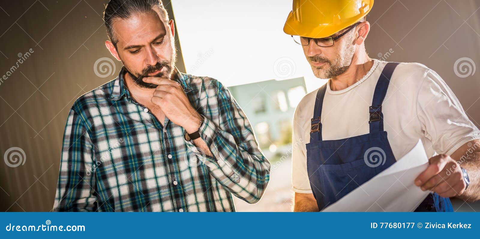 Architect and Construction Workers Checking Checking Architectural Plan ...
