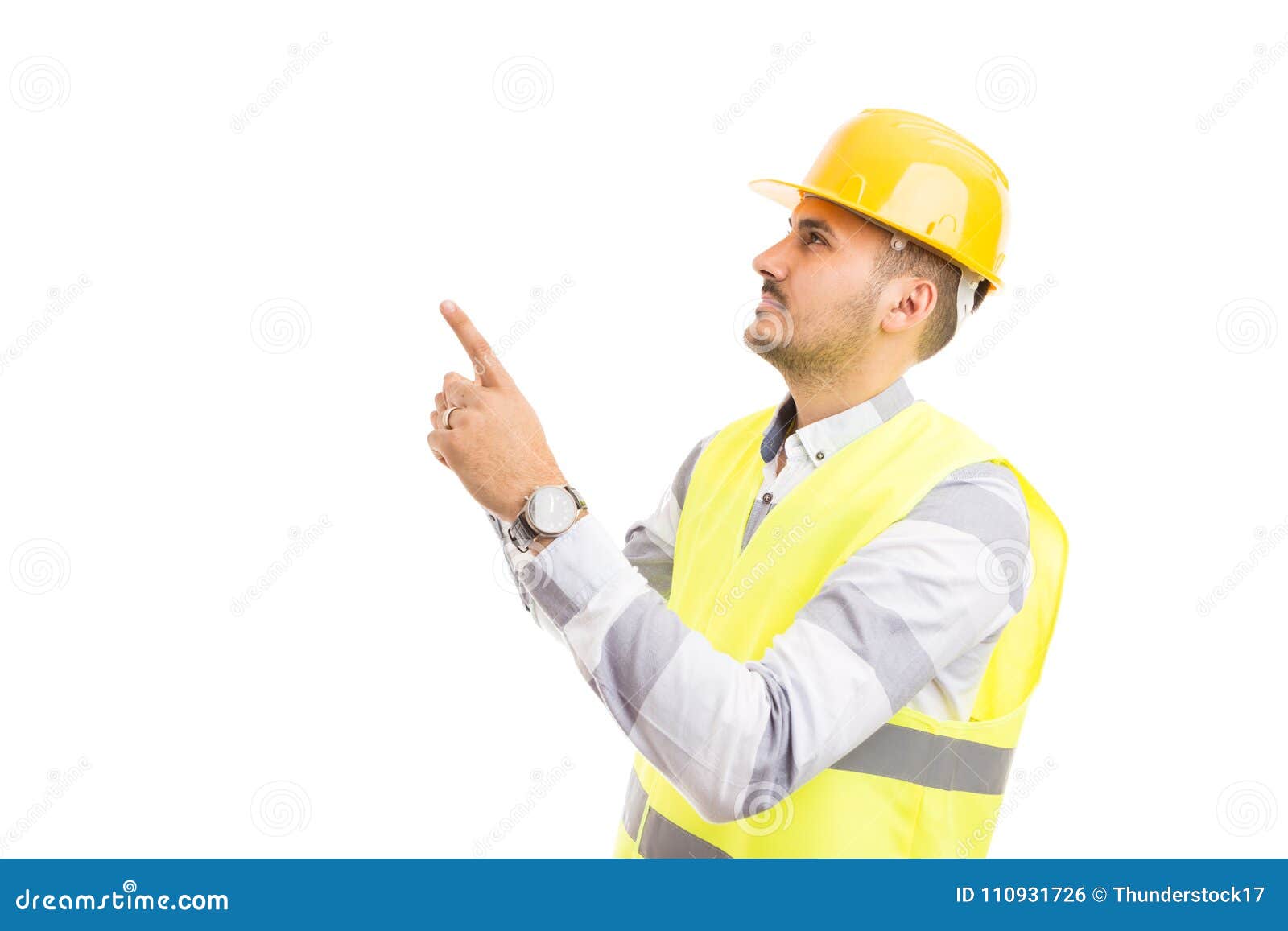 Architect Constructor or Engineer Pointing and Looking Up Stock Photo ...