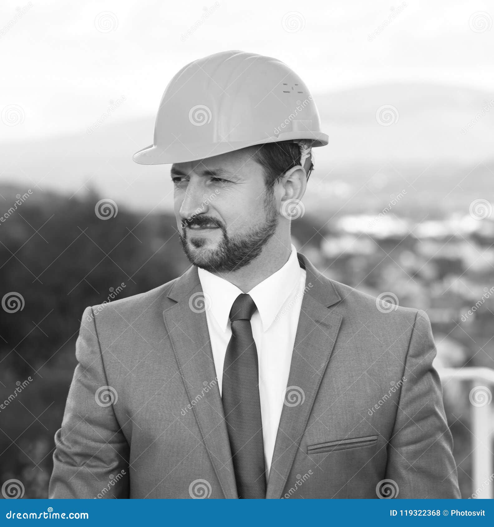 Architect Controls Work. Man with Beard and Serious Face Looks Aside ...
