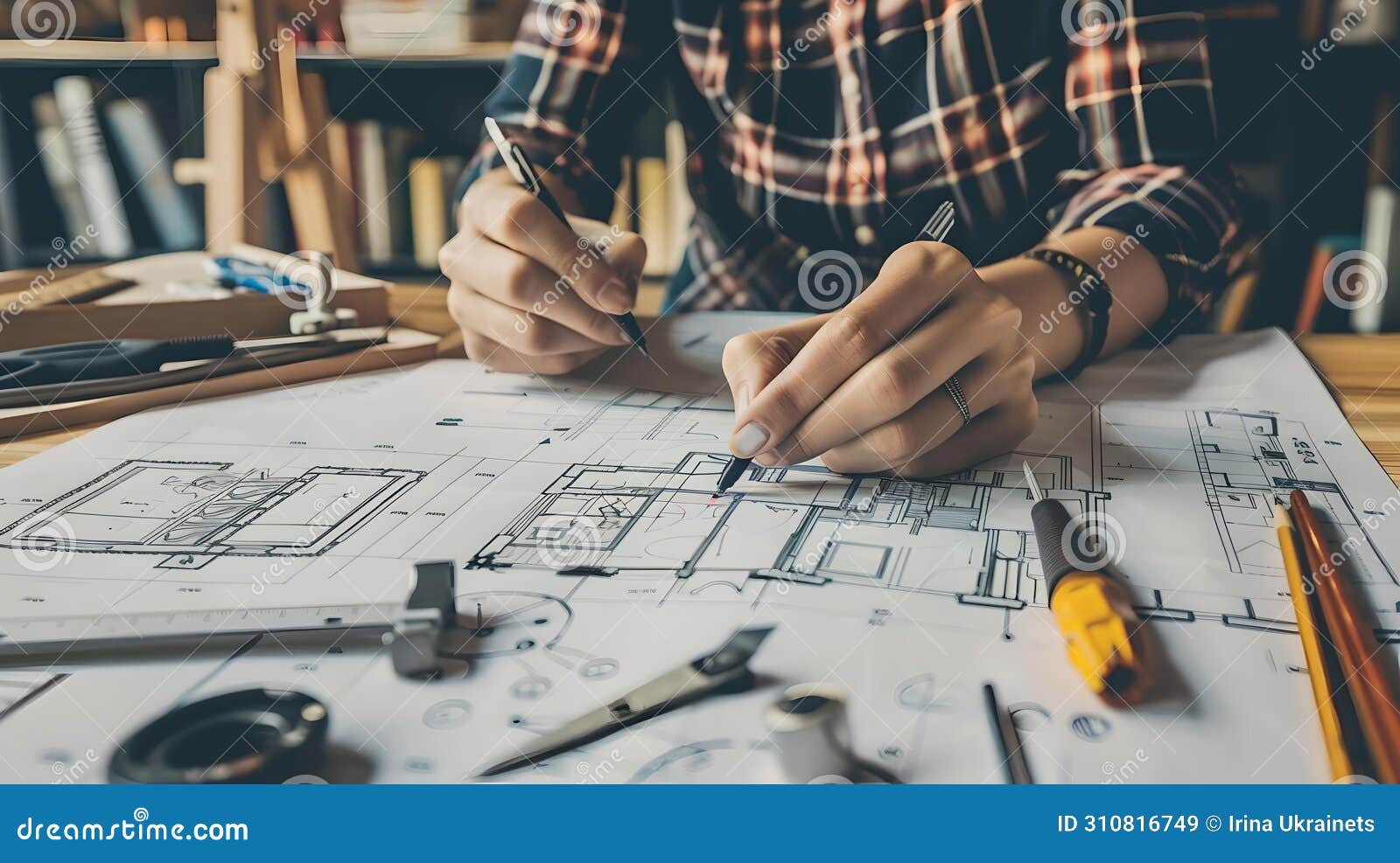 Architect Crafting a Blueprint in a Workshop. Concentration and ...