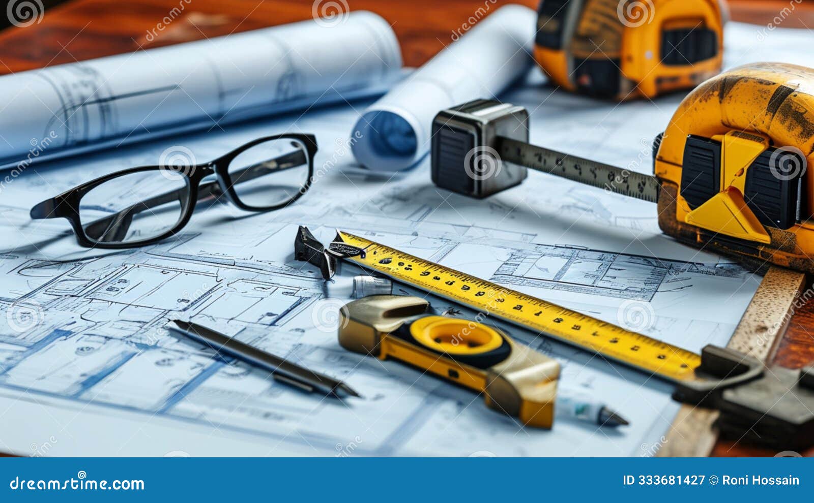 Repair Work. Drawings for Building and Yellow Helmet on the Background ...