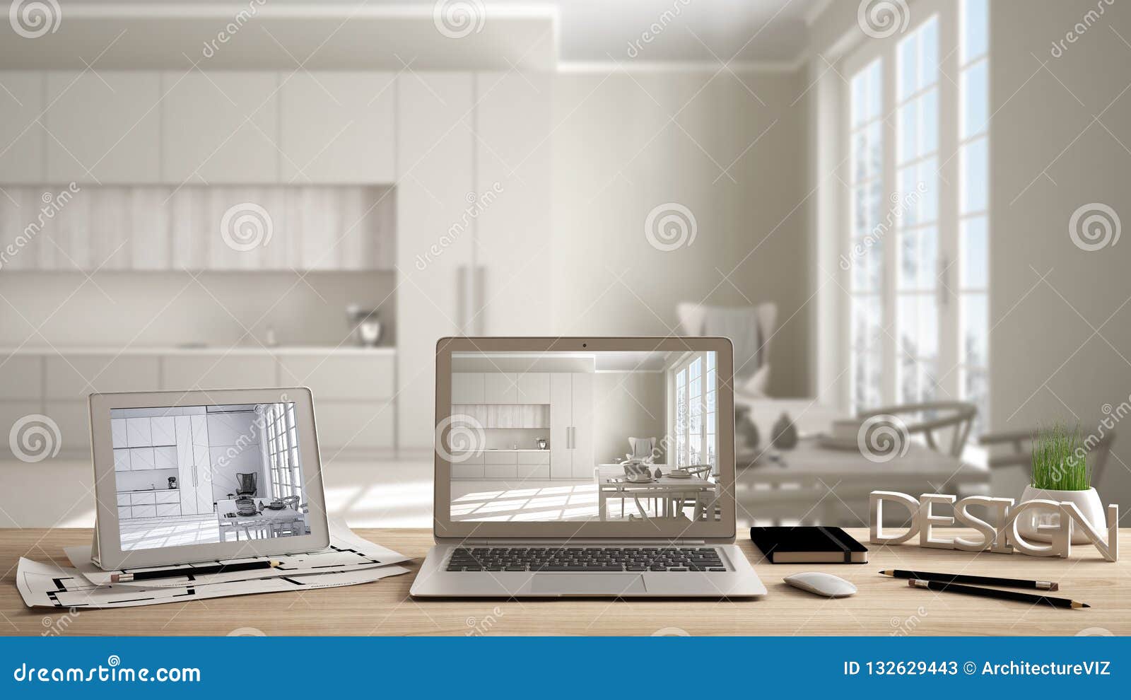 Architect Designer Concept, Laptop And Tablet On Work Desk With Screen ...