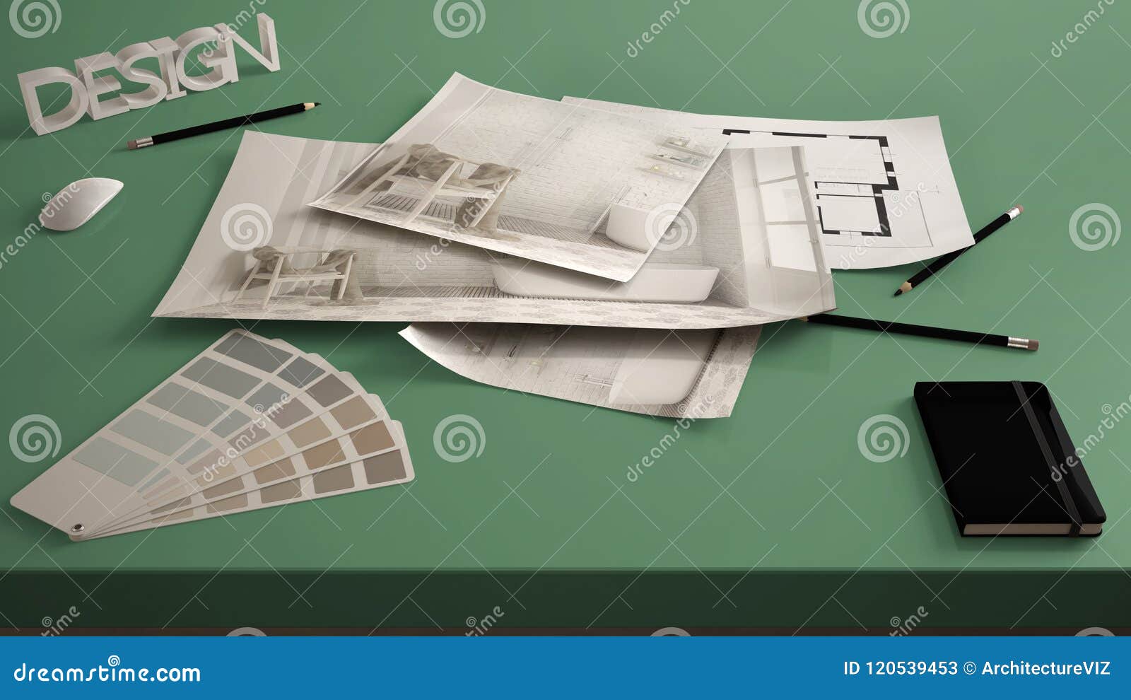 Architect Designer Concept, Table Close Up with Interior Renovation ...
