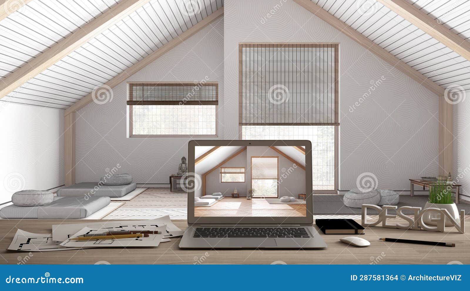 Architect Designer Desktop Concept, Laptop on Wooden Work Desk with ...