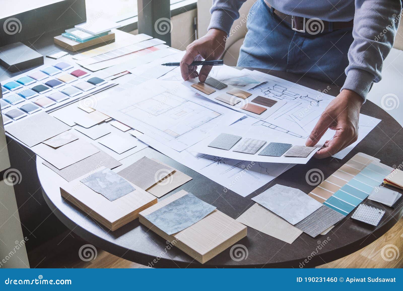 Architect Designer Interior Creative Working Hand Drawing Sketch Plan ...