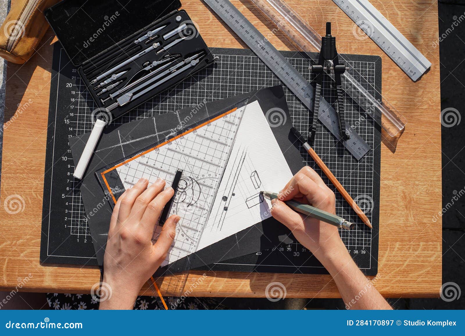 Architect and Designer Working Accurately on a Project Drawing Sketches ...