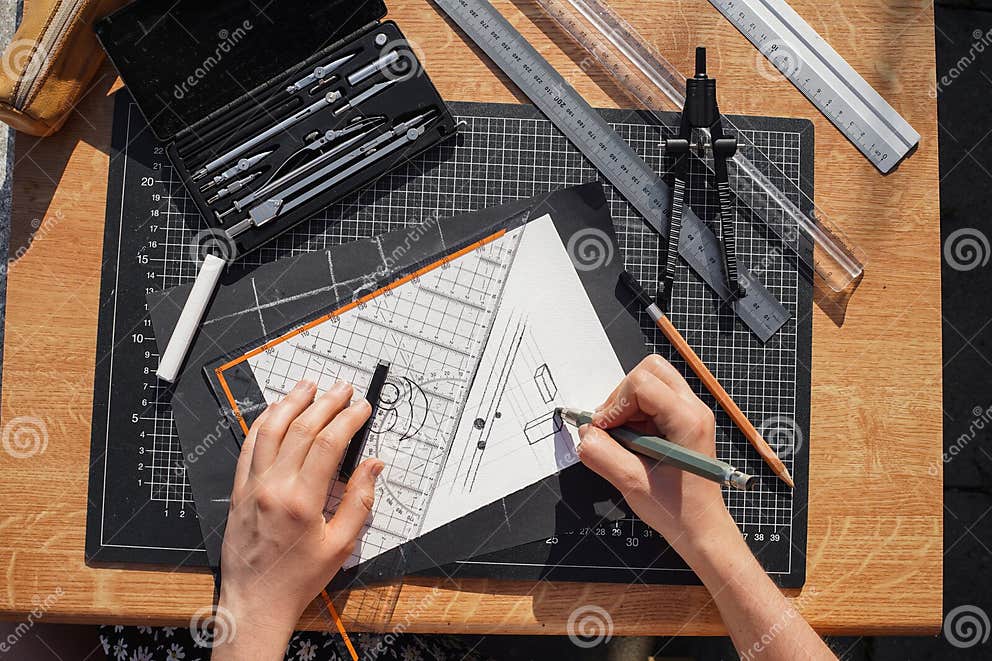 Architect and Designer Working Accurately on a Project Drawing Sketches ...