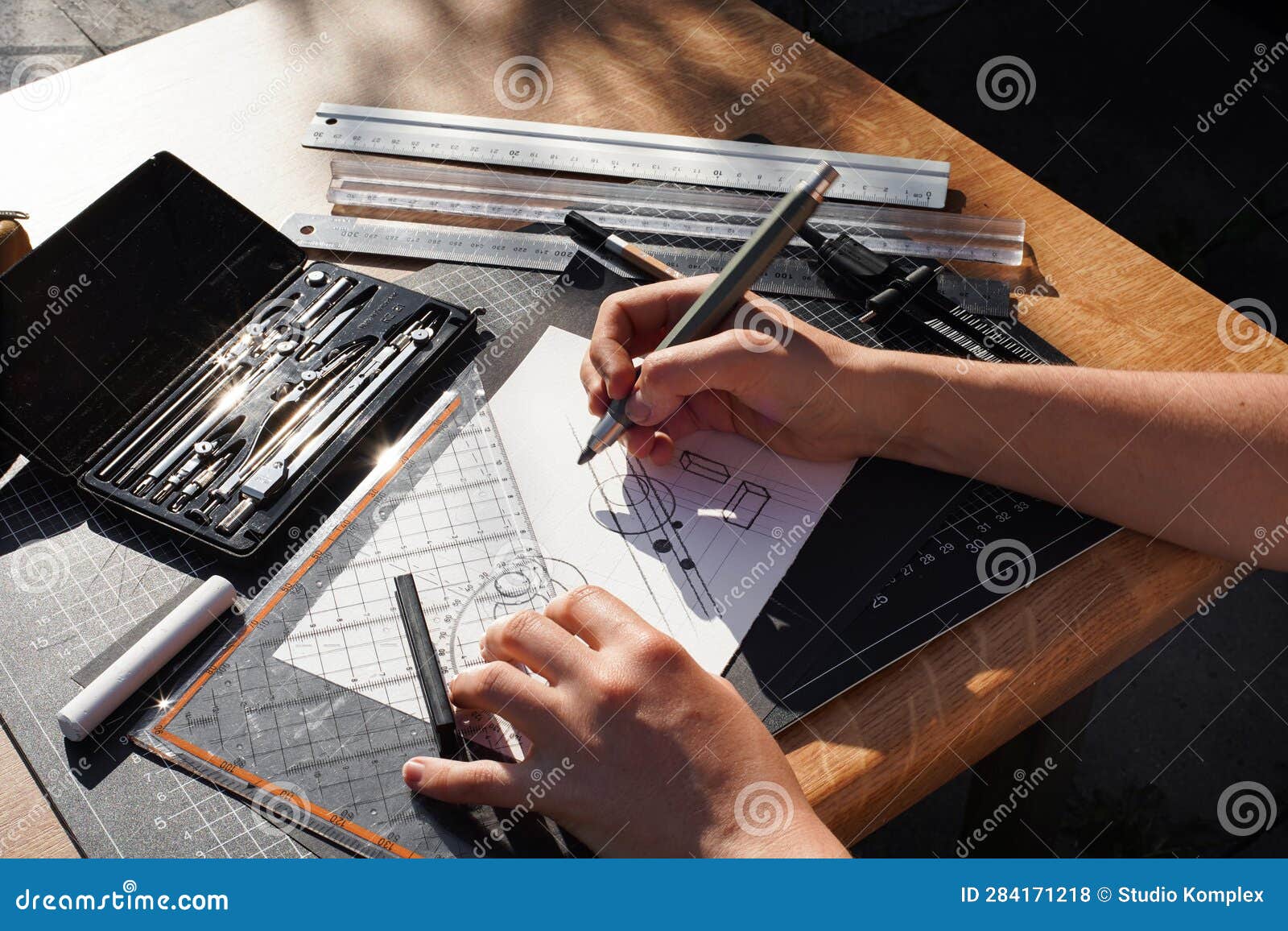 Architect and Designer Working Accurately on a Project Drawing Sketches ...