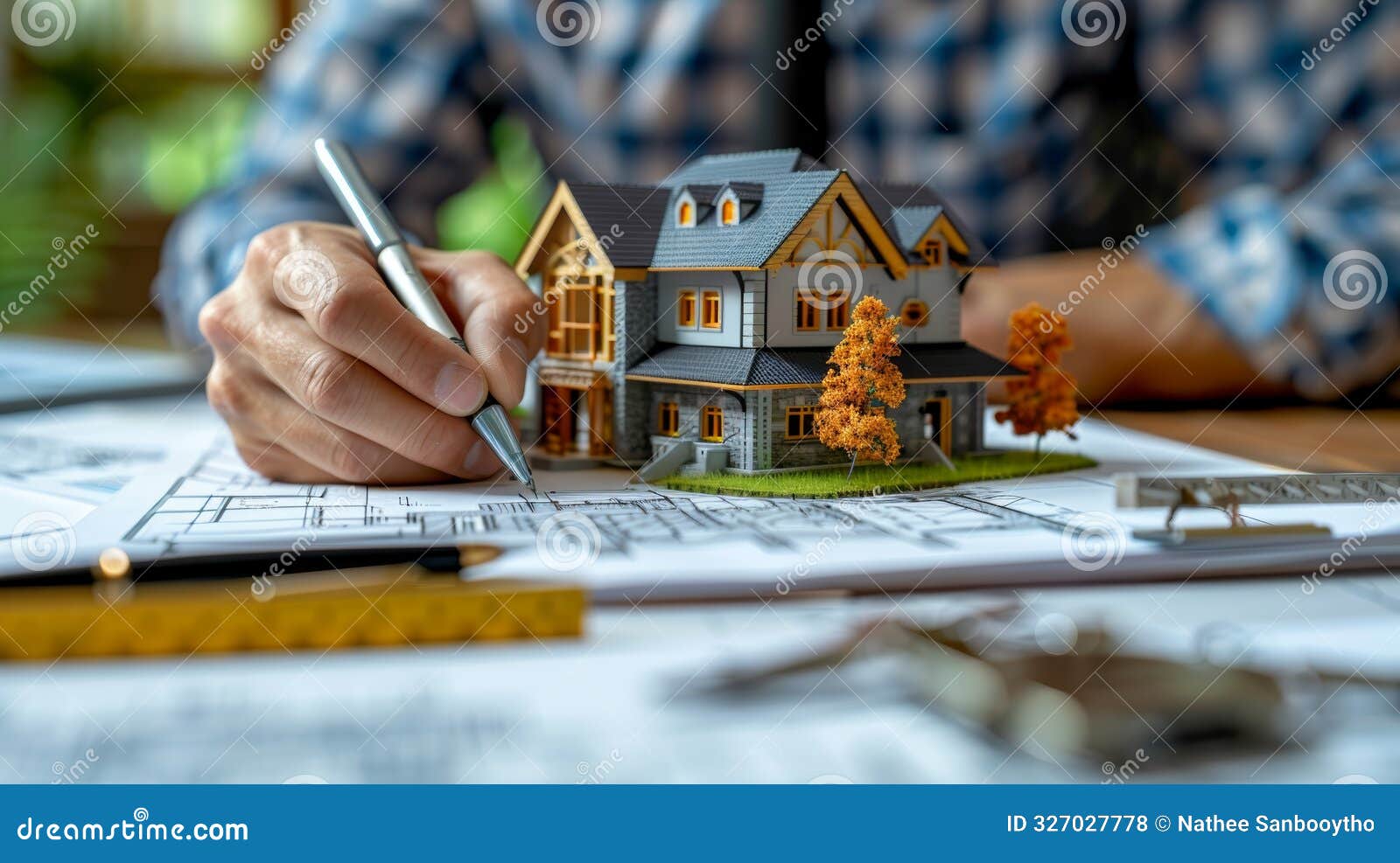 Architect Designing a House Model with Blueprints on a Desk, Focusing ...
