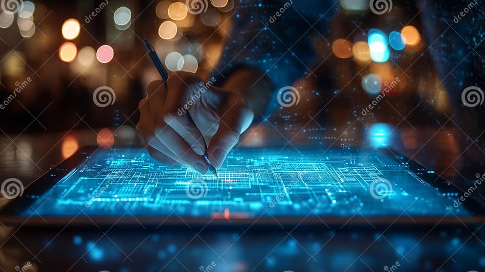 Architect Designing Innovative Structures on a Digital Tablet at Night ...