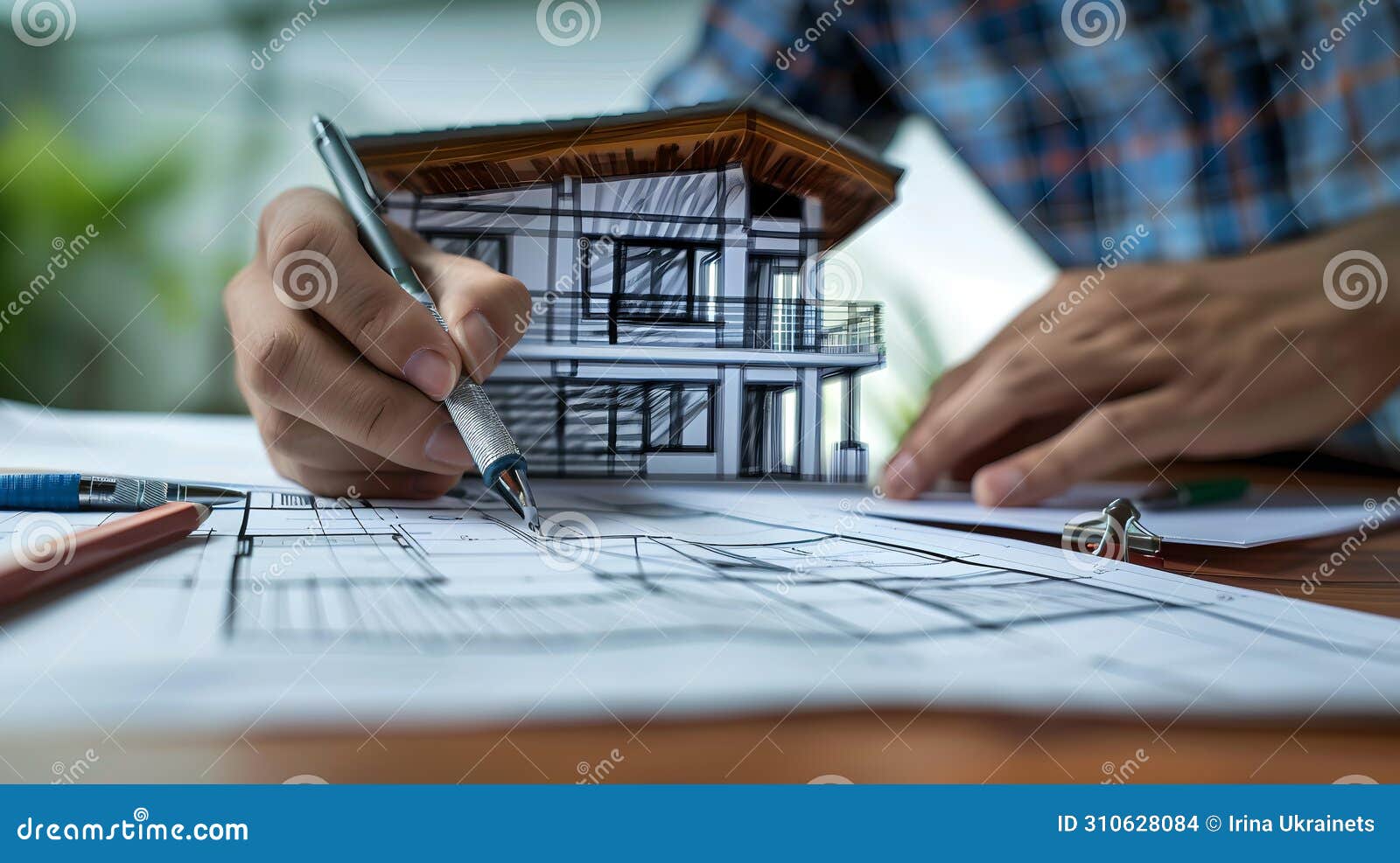 Architect Designing a Modern House Model, Drafting Architectural Plans ...