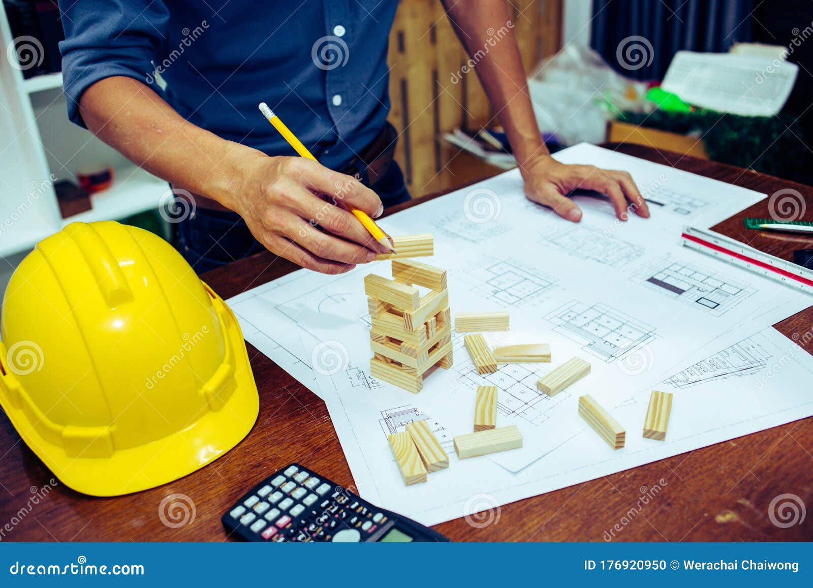 Architect Designing Project on the Desk in Construction Site.concept ...