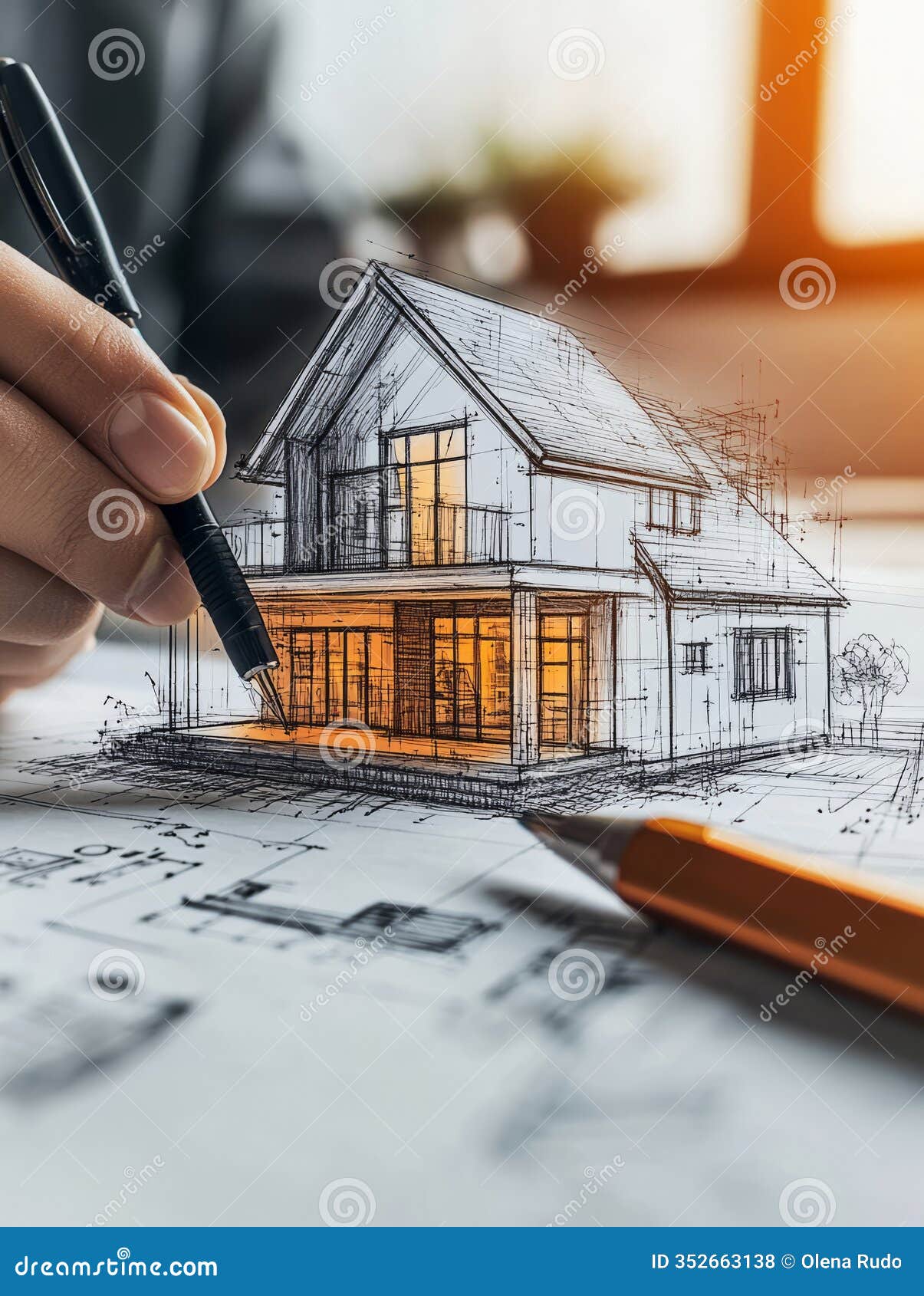 Architect Designing Residential House Project, Drawing Plan on ...