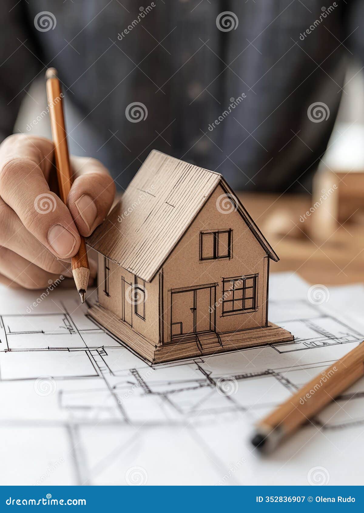 Architect Designing Residential House Project, Drawing Plan on ...