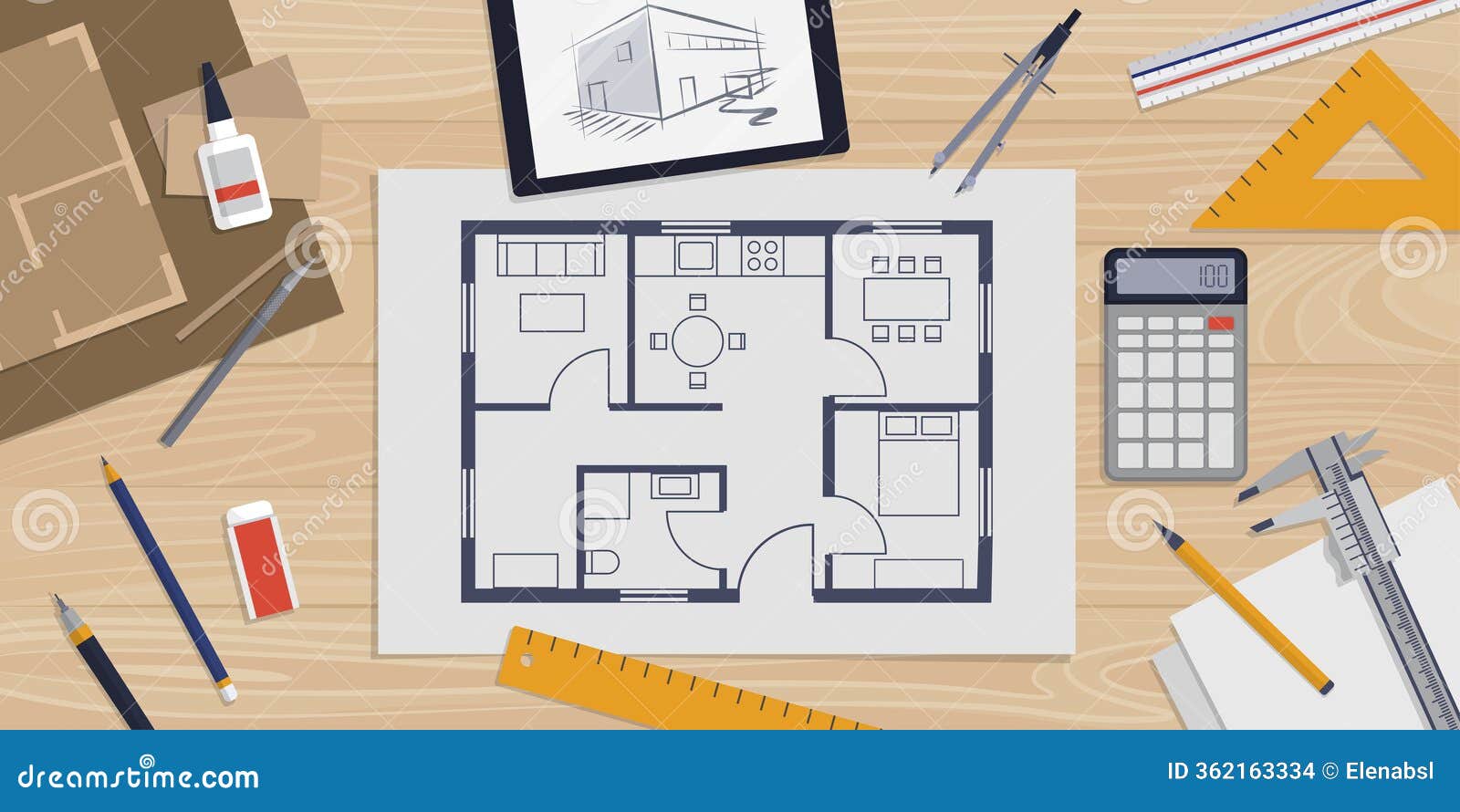 Architect Desk with House Project Stock Vector - Illustration of desk ...