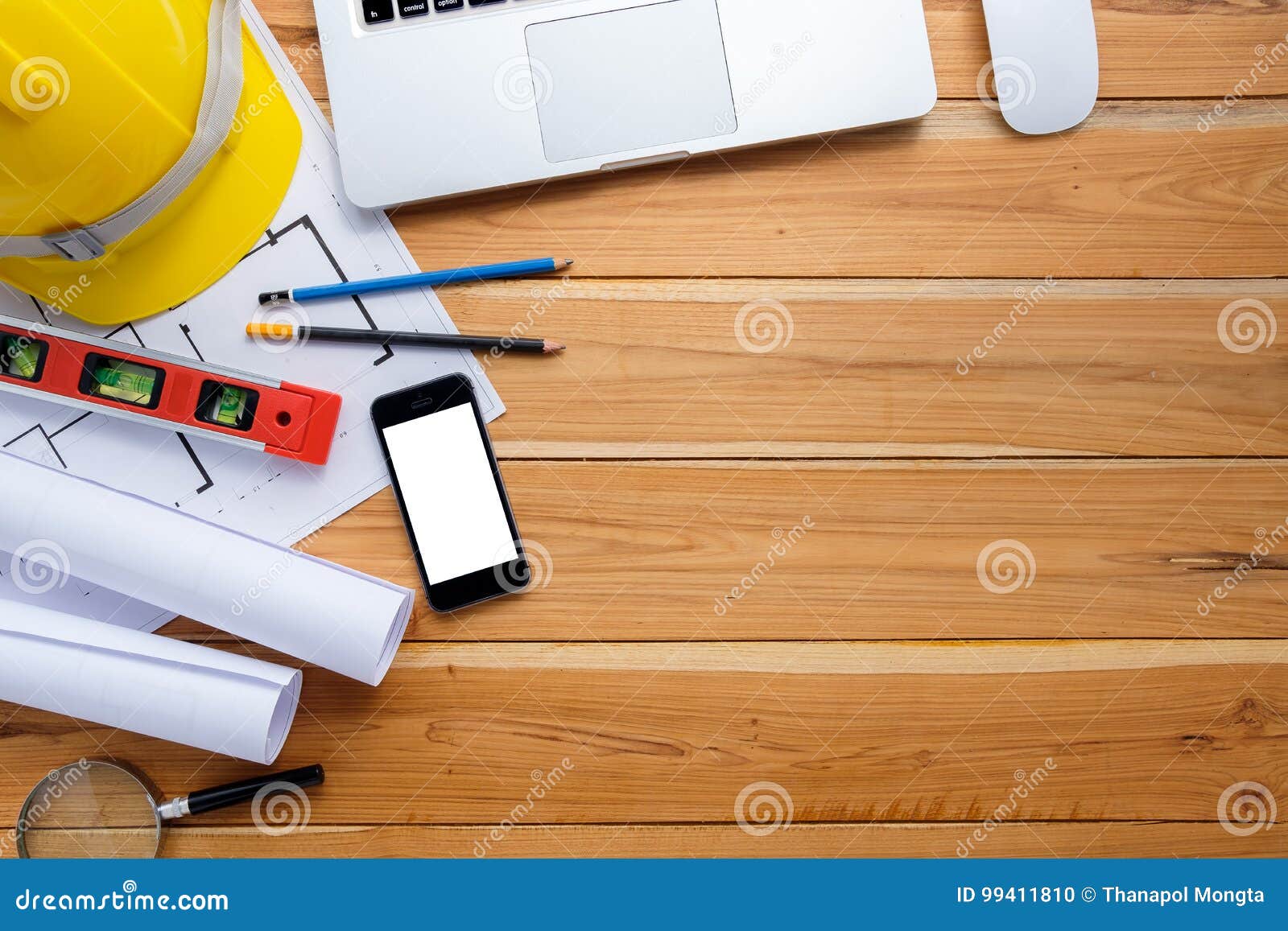 Architect Desk Project in Construction Site Stock Photo - Image of ...