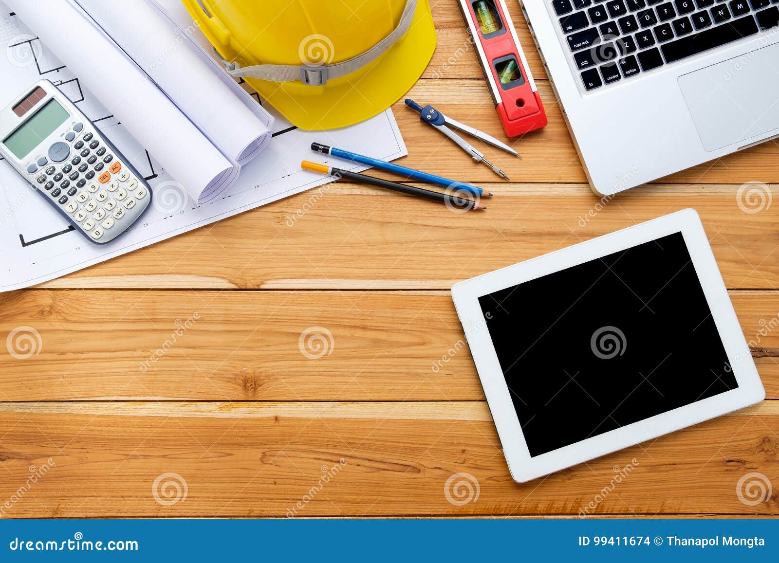 Architect Desk Project in Construction Site Stock Photo - Image of ...