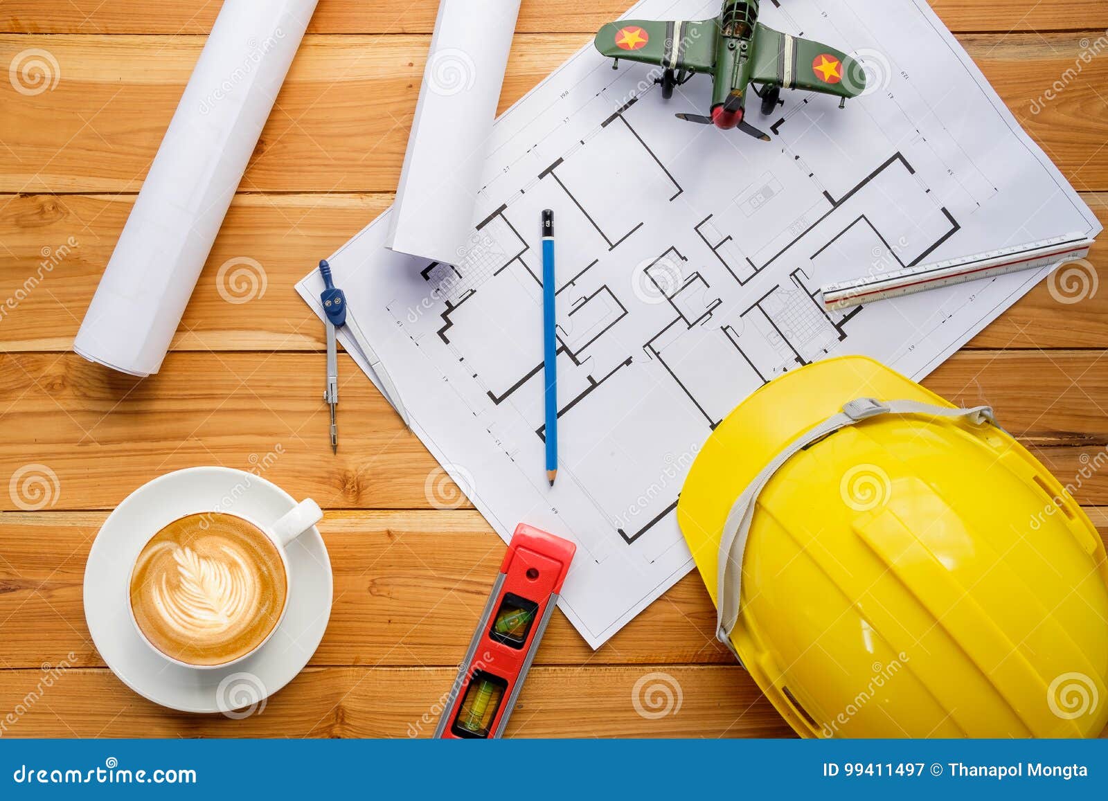 Architect Desk Project in Construction Site Stock Image - Image of ...
