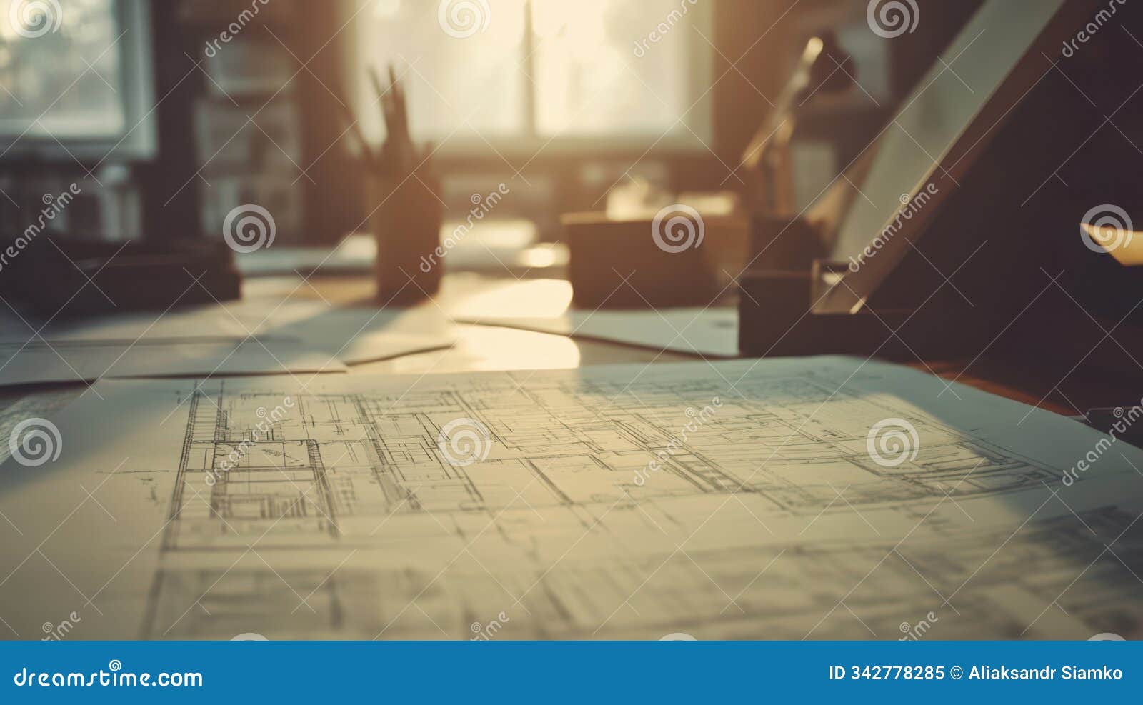 Architect Drafting Blueprints Construction Workplace Project Planning ...