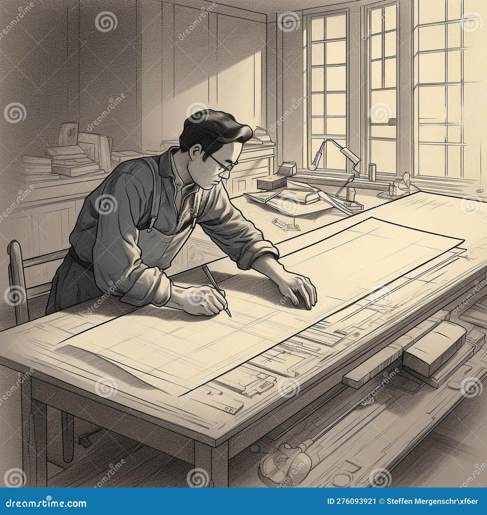 Architect Drafting Building Blueprint with Roll and Rulers Stock ...