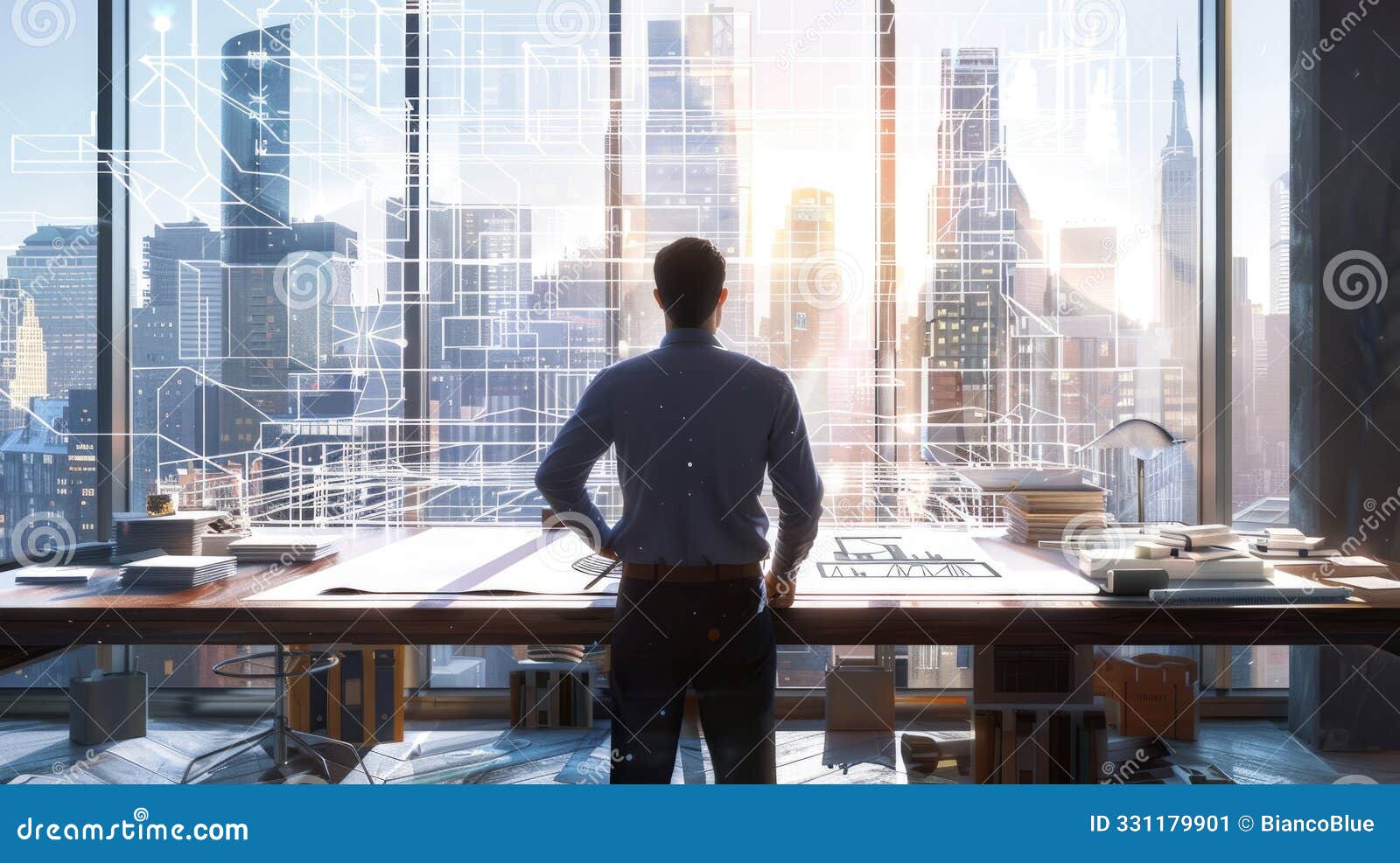 Architect at Drafting Table with AI Hologram AIG60 Stock Illustration ...