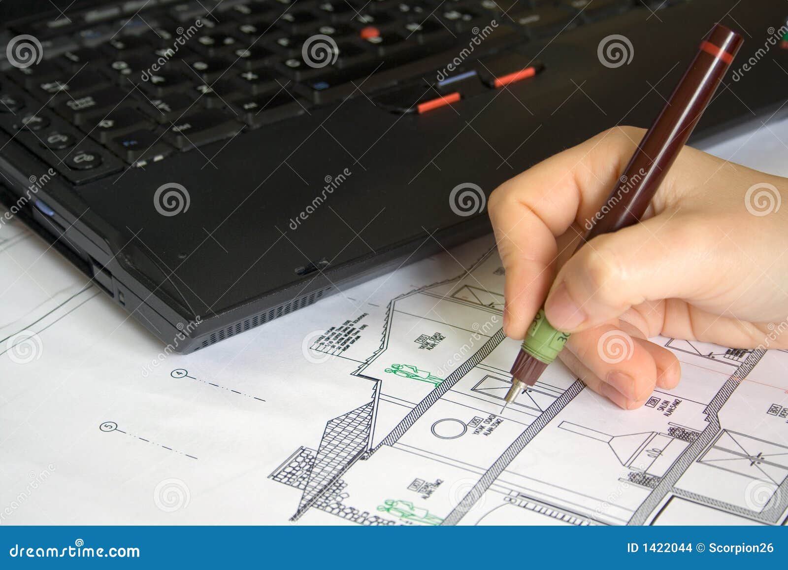Architect Drawing Blueprints, At Desk In Office, With Pencil Stock ...