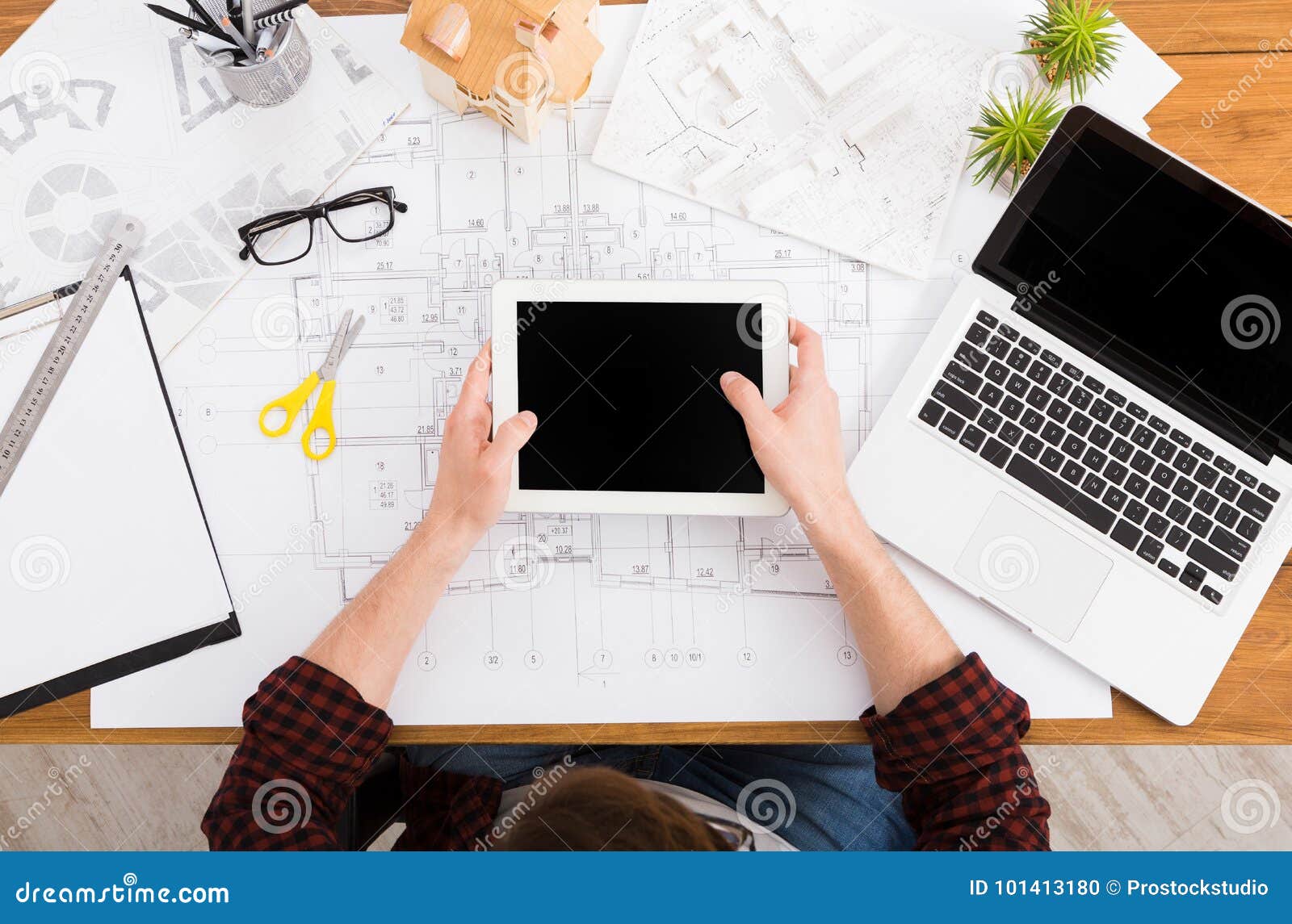 Architect Drawing Architectural Project on Tablet Stock Photo - Image ...
