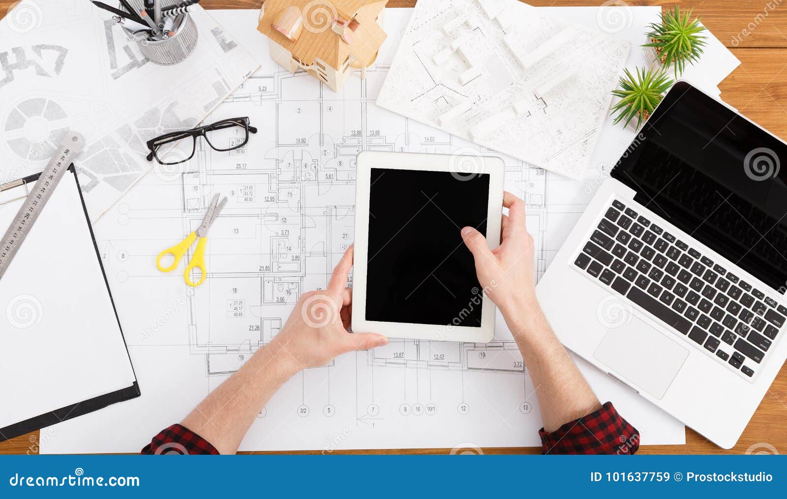 Architect Drawing Architectural Project on Tablet Stock Image - Image ...