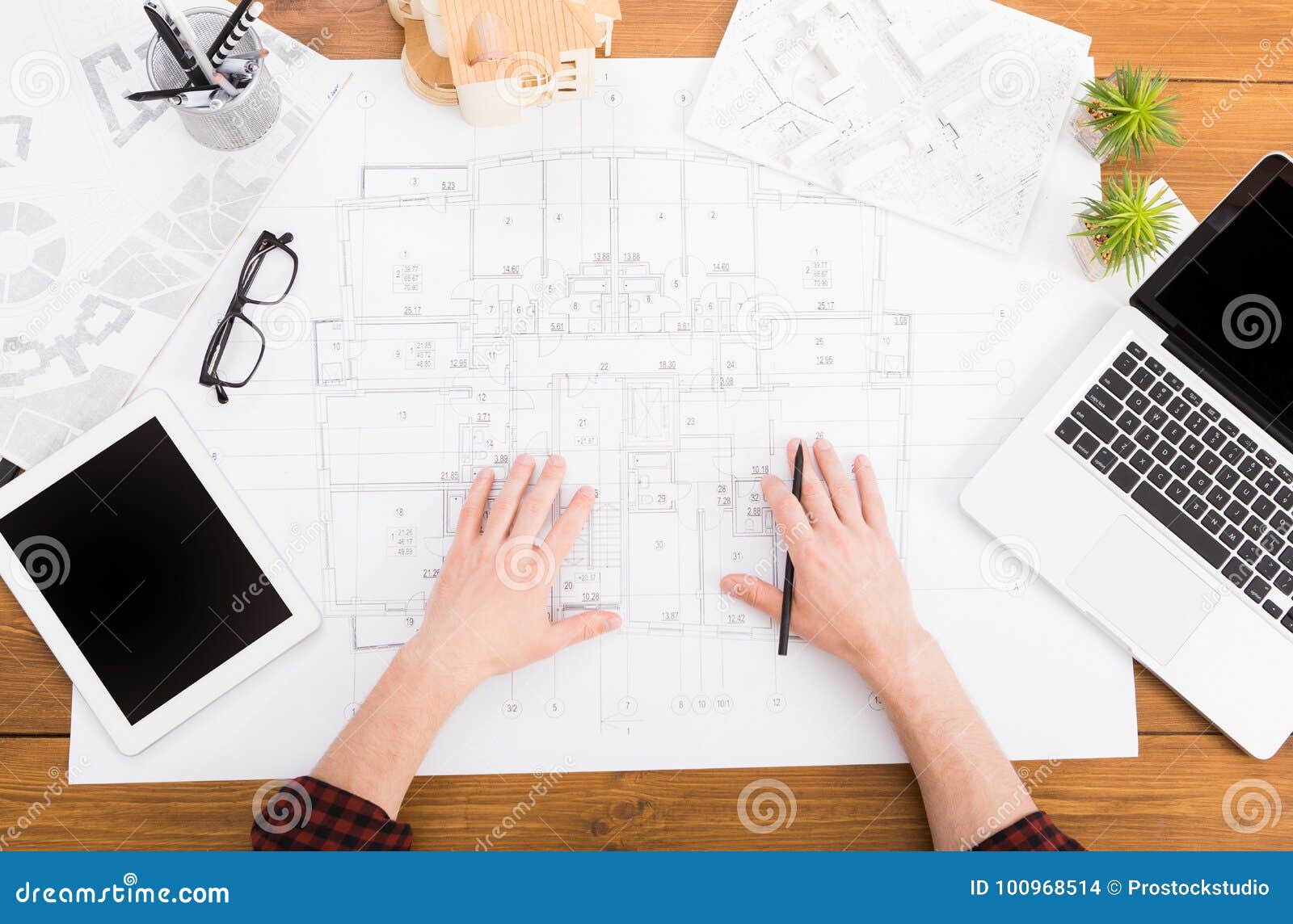 Architect Drawing Architectural Project Top View Stock Photo - Image of ...