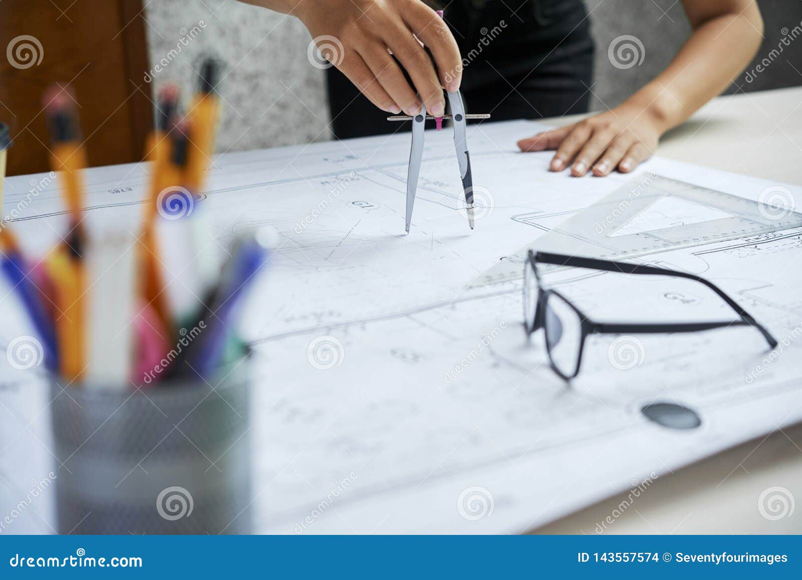 Architect Drawing Blueprint Stock Photo - Image of project, house ...