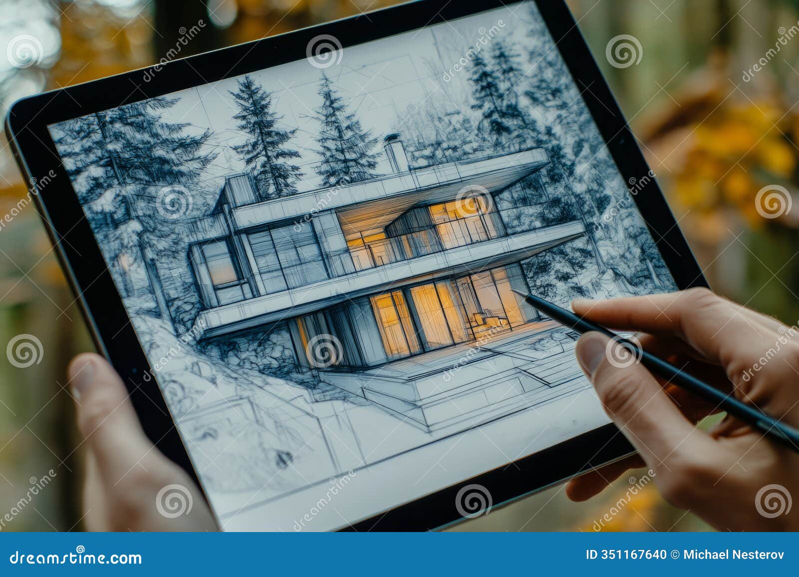 Architect Drawing Blueprint of a Modern Interior Using a Digital Tablet ...