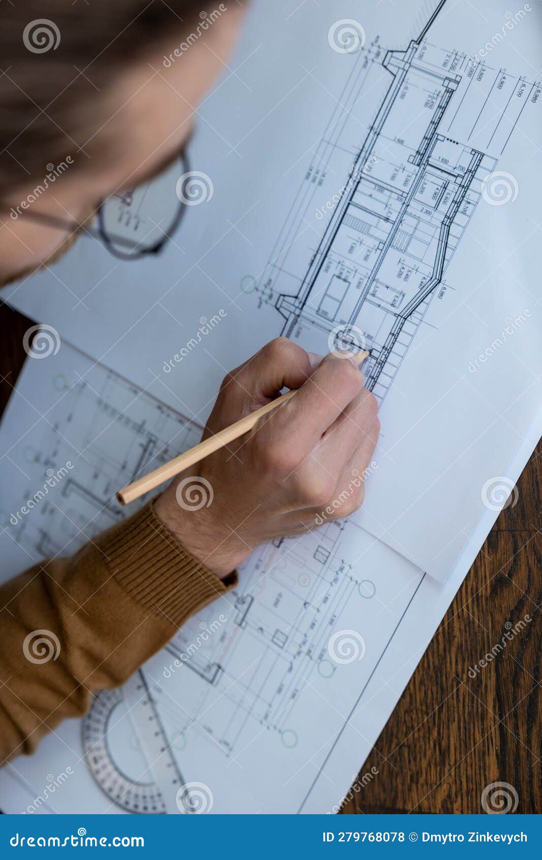 Architect Drawing Blueprint Sketching Design of House, Making ...