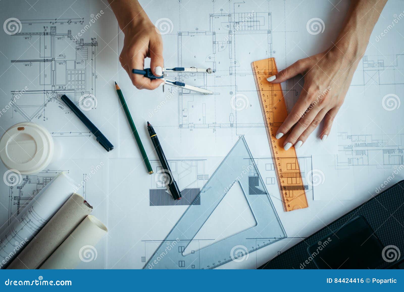 Architect Drawing Blueprint Using Compass Tool Stock Photo - Image of ...