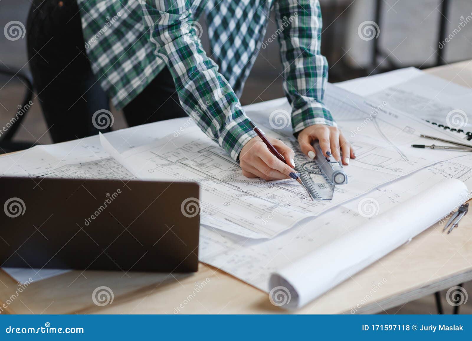 Architect Drawing Blueprints in Office. Engineer Sketching a ...