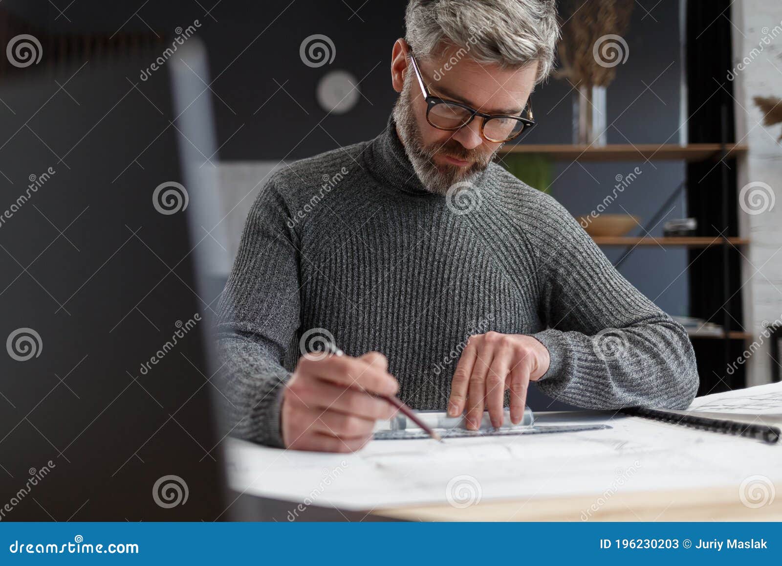 Architect Drawing Blueprints In Office. Engineer Sketching A ...