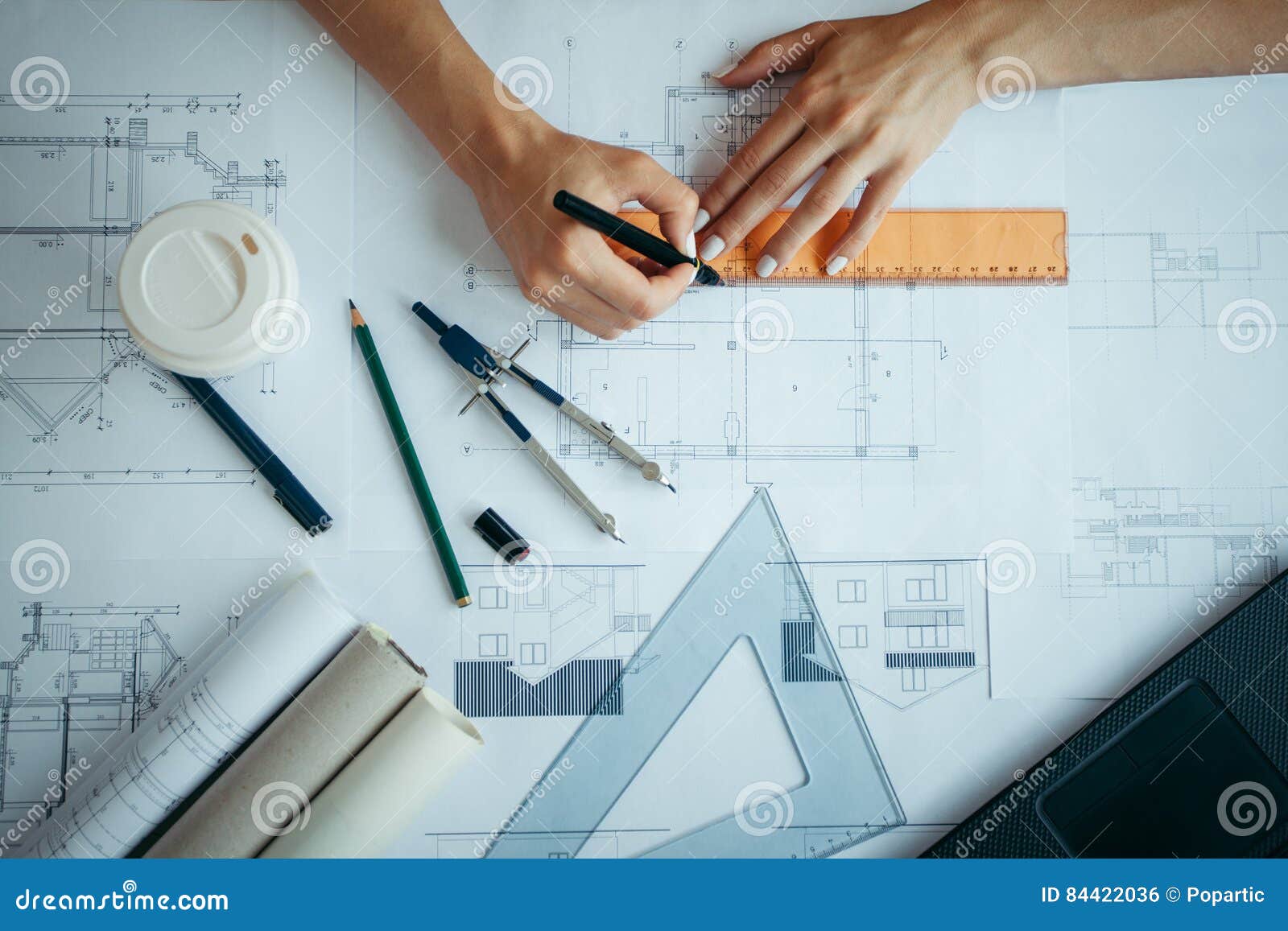 Architect Drawing Blueprints Stock Photo - Image of industry ...