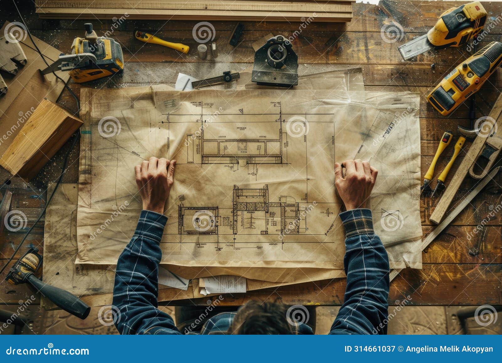 Architect Drawing Building Floor Plan, Design Blueprint Map and ...