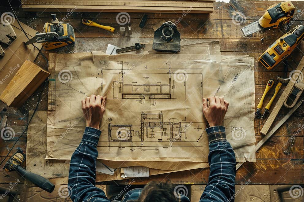 Architect Drawing Building Floor Plan, Design Blueprint Map and ...