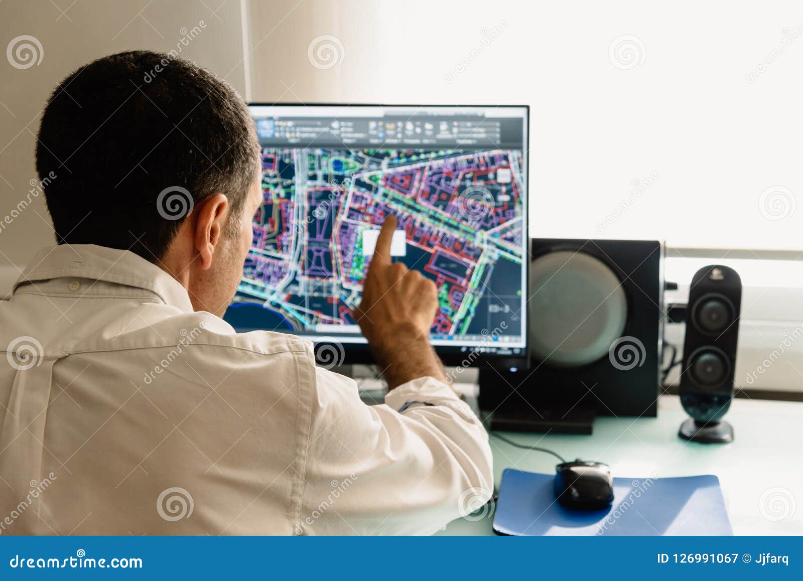 Architect Drawing with Cad Software Designing Building Stock Image ...