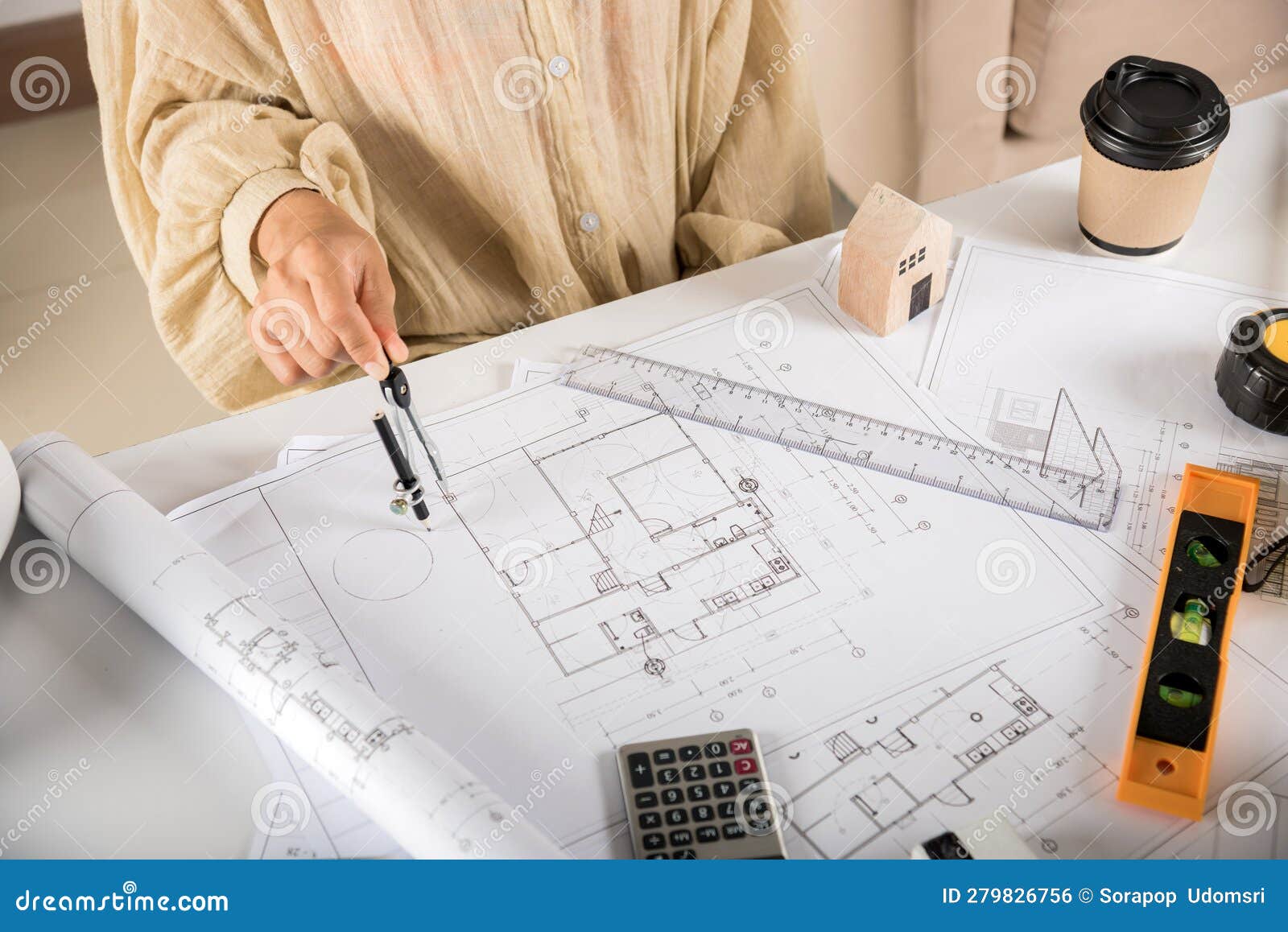 Architect Drawing with Divider Compass on House Plan Blueprint Paper ...