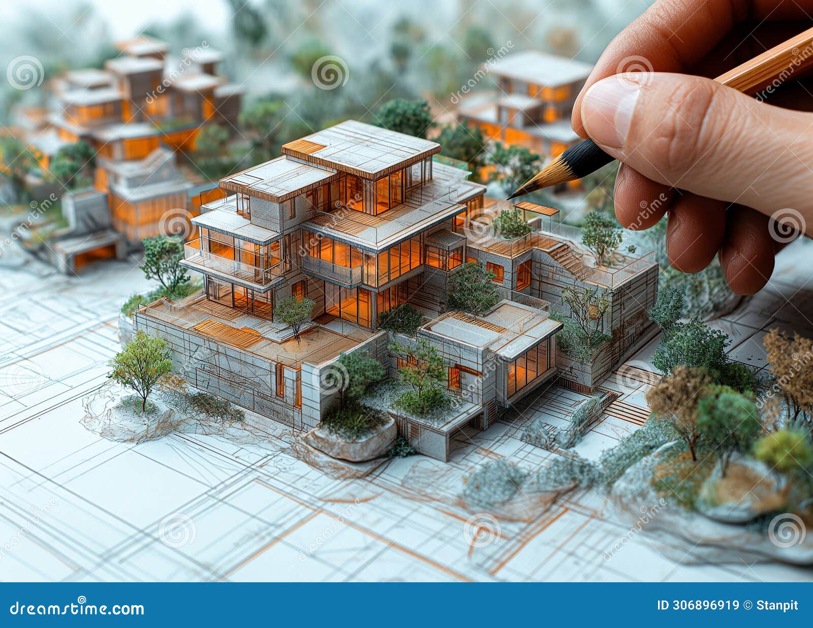 Architect Drawing a Model of a Modern House on a Construction Plan ...
